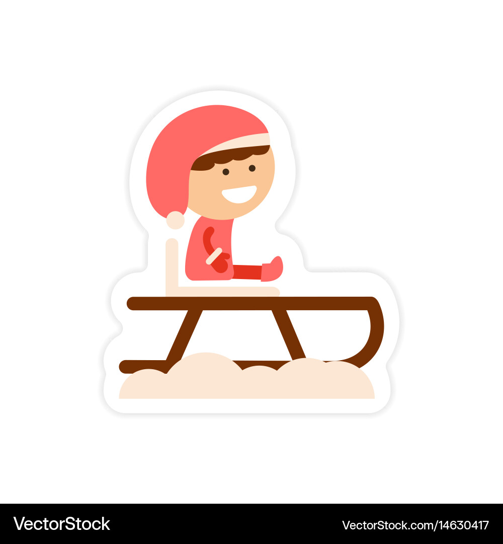 Paper sticker on white background child sledding Vector Image