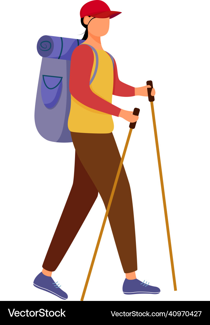 Girl with hiking sticks flat camping activity Vector Image