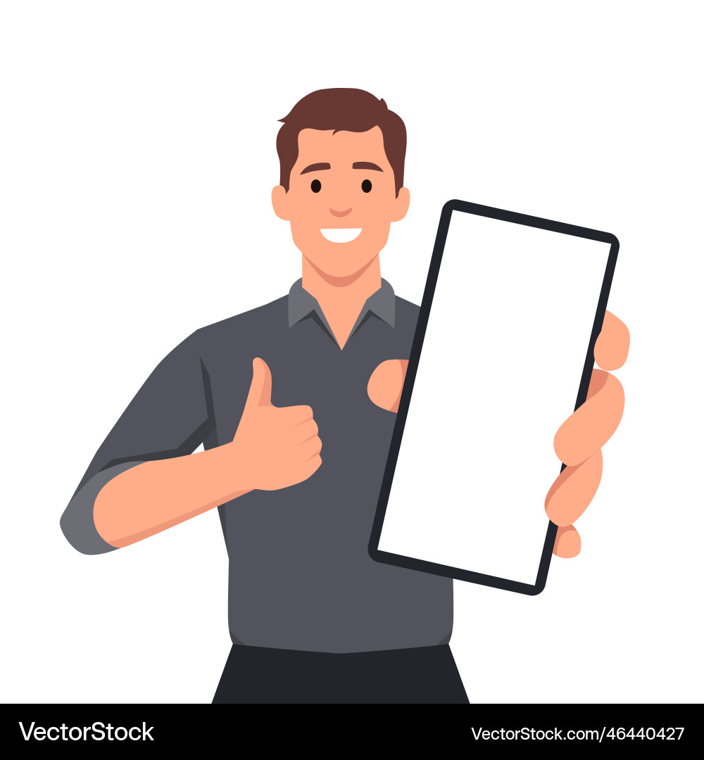 Happy young man showing smartphone Royalty Free Vector Image