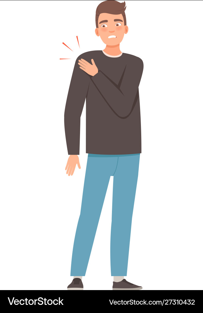 Brunette man holds on to a sore shoulder Vector Image