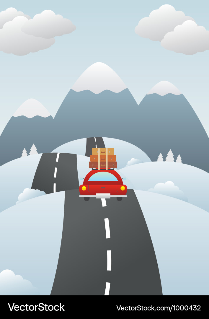 Winter landscape with car on road Royalty Free Vector Image