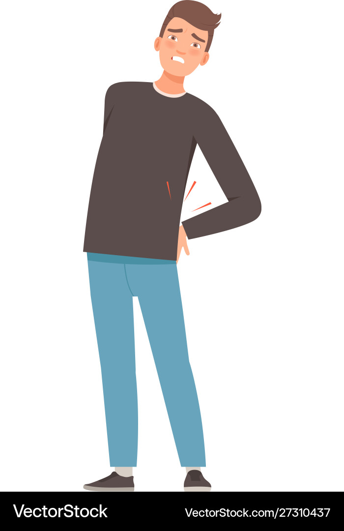 Brunette man holds on to a sore lower back Vector Image