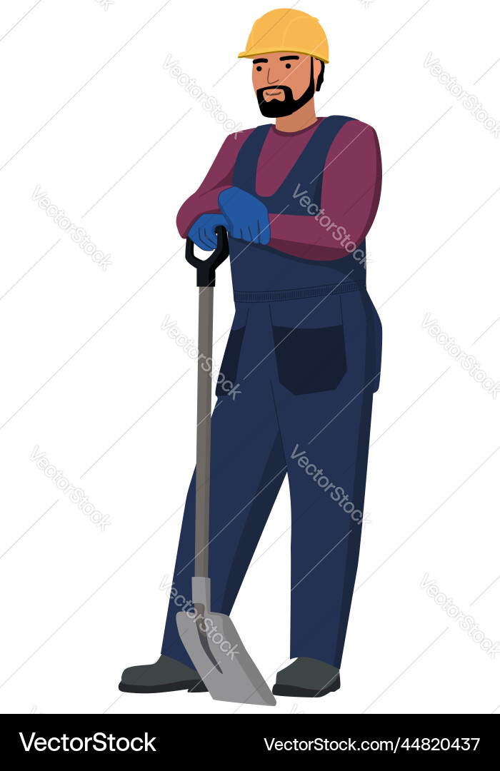 Man in work overalls and hard hat stands leaning Vector Image