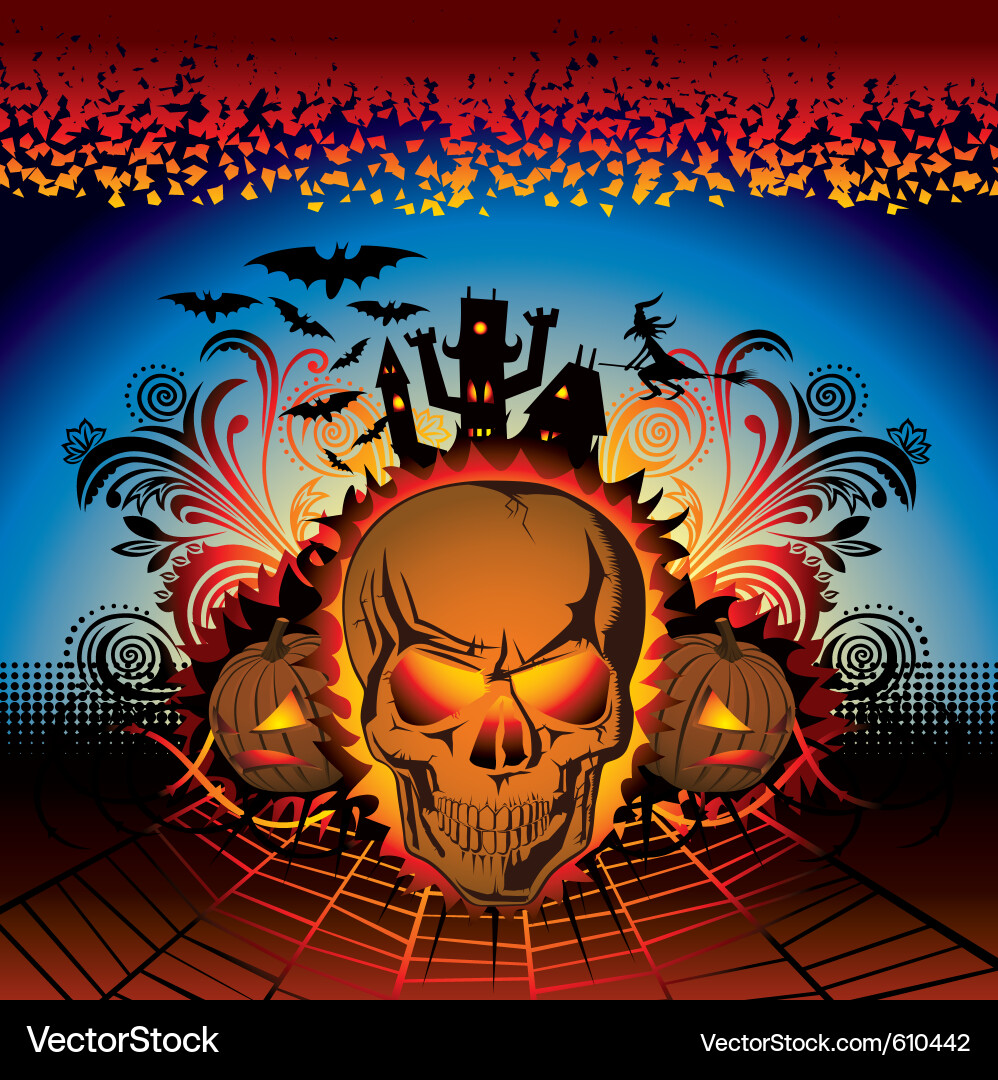Angry halloween skull with bats and witch Vector Image