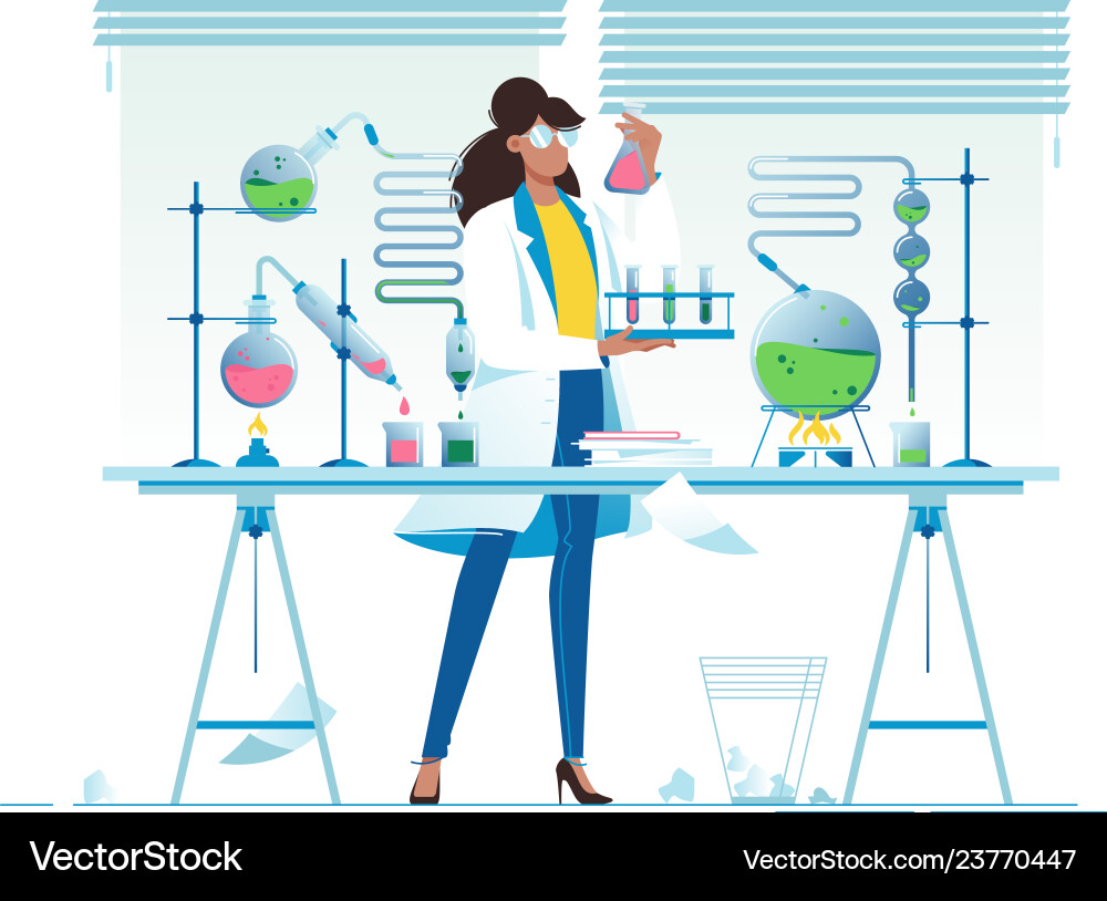 Flat young beauty woman chemist with flasks with Vector Image