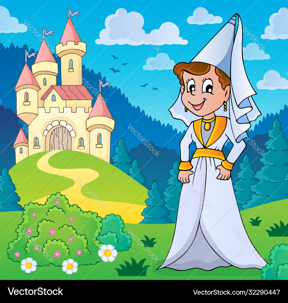 Medieval lady near stylized castle Royalty Free Vector Image