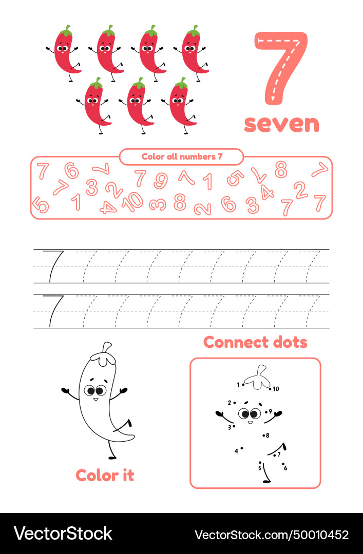 Color page dot to trace learn number 7 many Vector Image