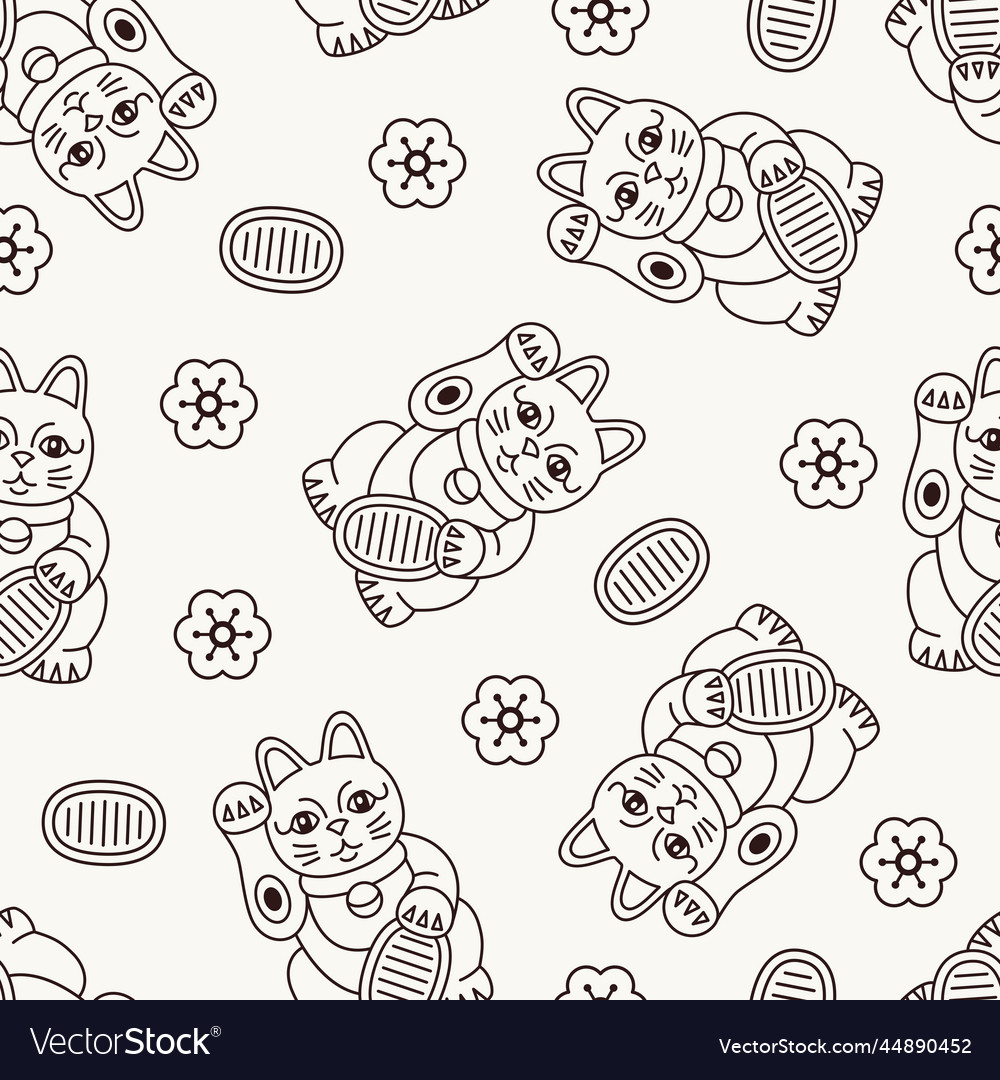 Maneki neko cat with coin and sakura seamless Vector Image