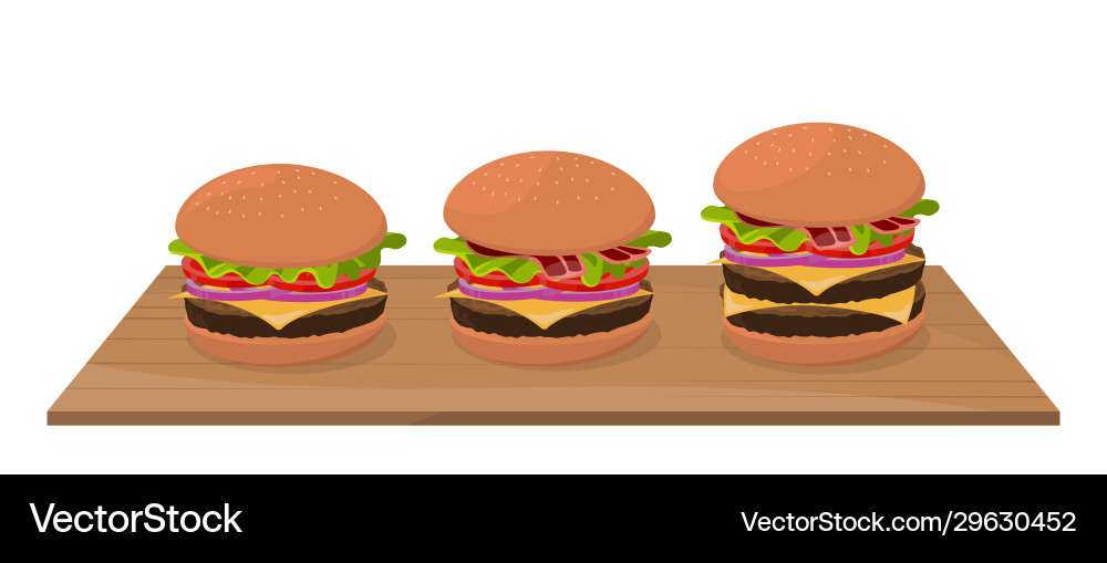 Set cheese burger on wooden board Royalty Free Vector Image