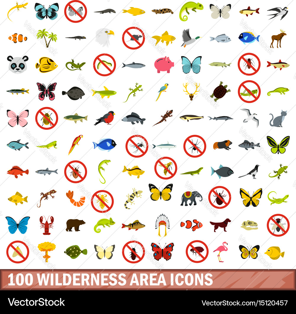 100 wilderness area icons set flat style Vector Image