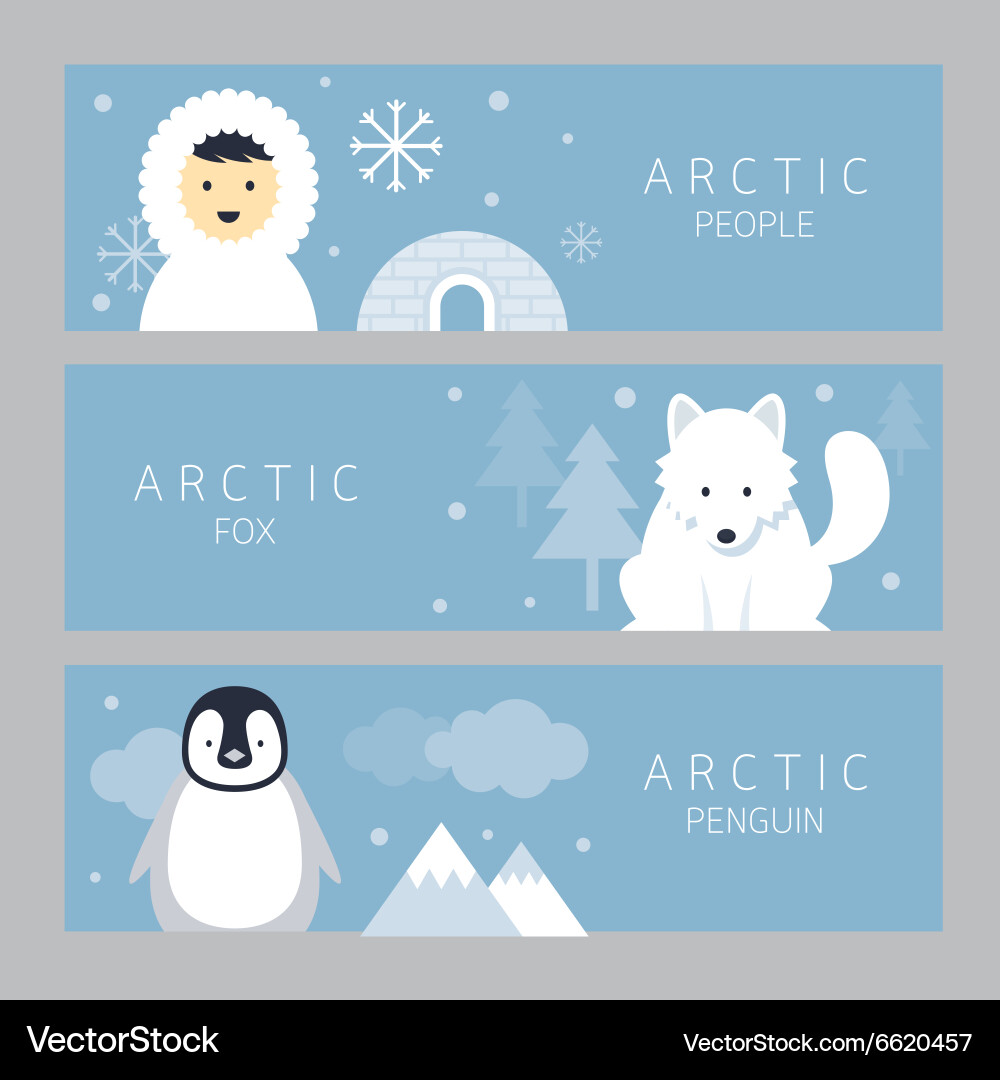 Arctic banner people fox and penguin Royalty Free Vector