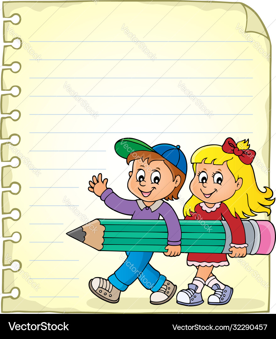 Notepad page with children and pencil Royalty Free Vector