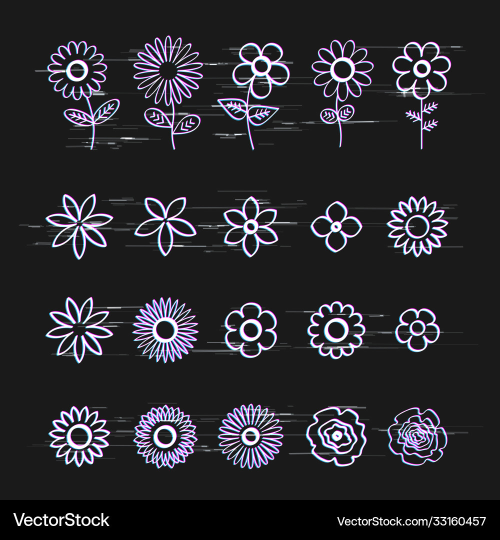Outline glitch flowers set dark background Vector Image