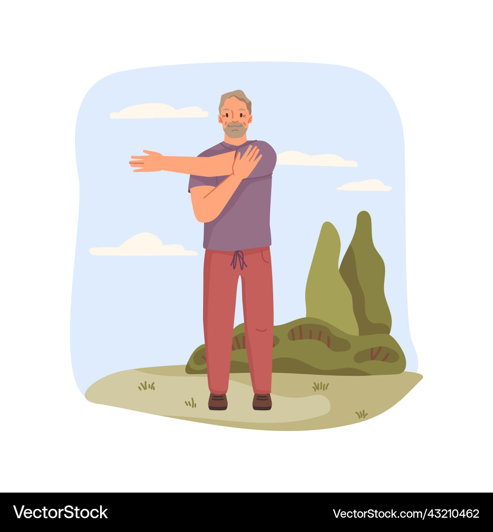 Senior old man doing exercises in park outdoors Vector Image