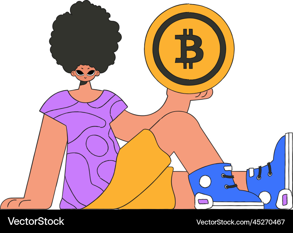 Guy is holding a bitcoin character trendy retro Vector Image