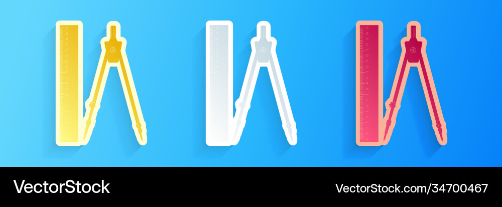 Paper cut ruler and drawing compass icon isolated Vector Image