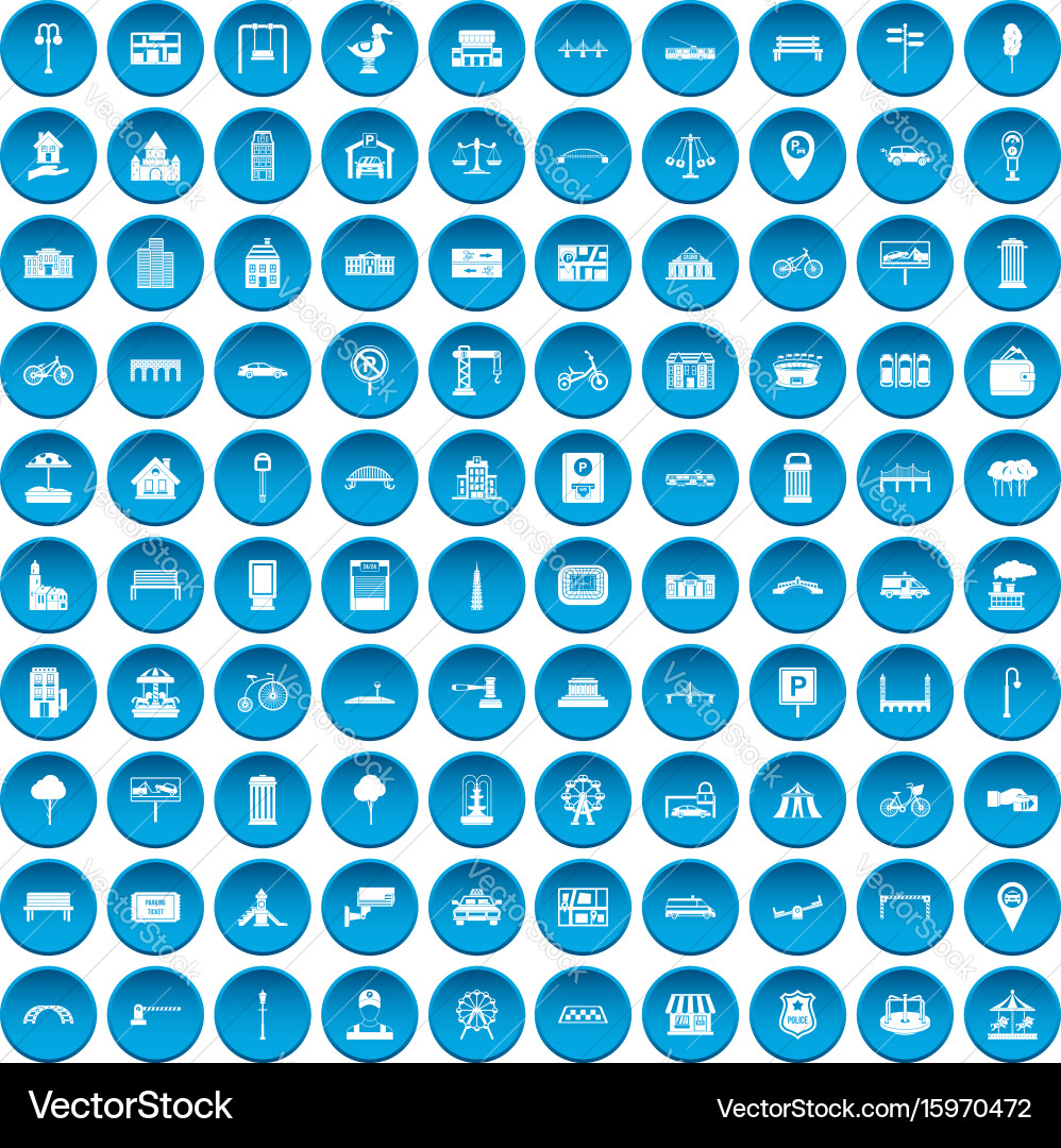 100 city icons set blue Royalty Free Vector Image