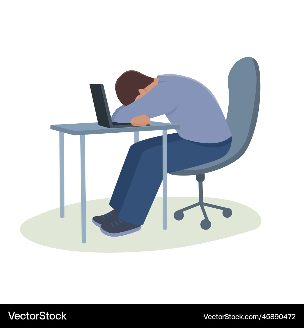 Man is sitting at table leaning over laptop Vector Image
