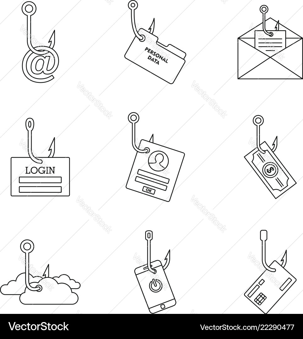 Cyber phishing icon set outline style Royalty Free Vector