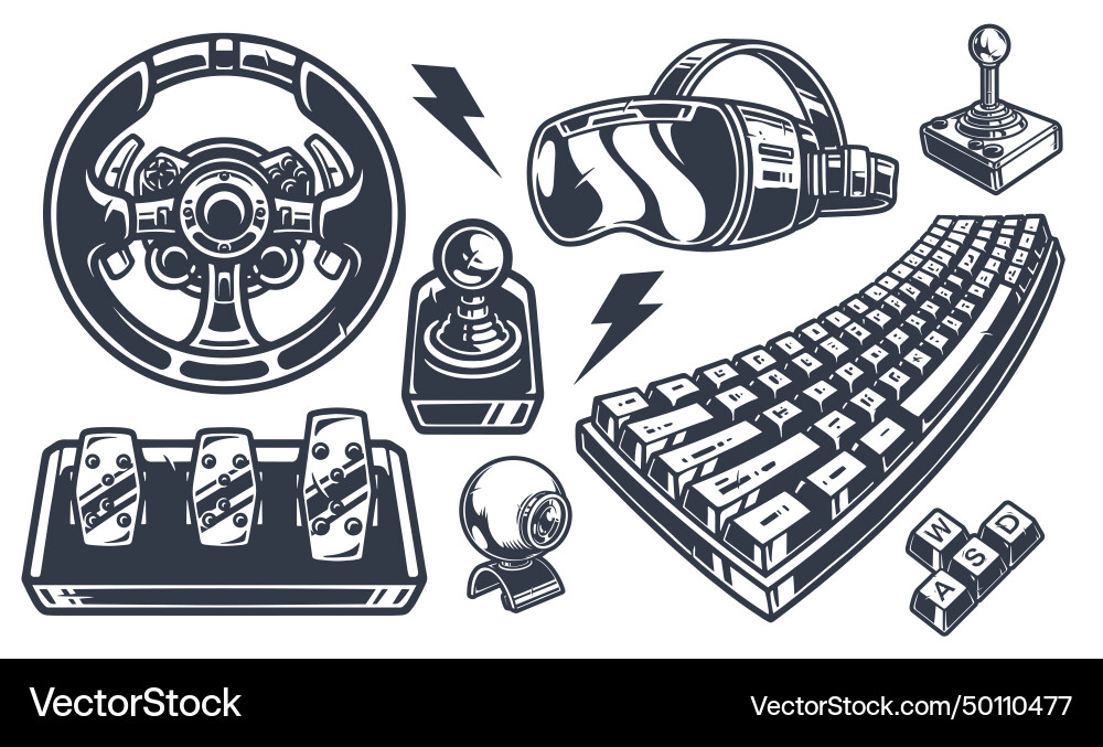 Gaming equipment set sticker monochrome Royalty Free Vector