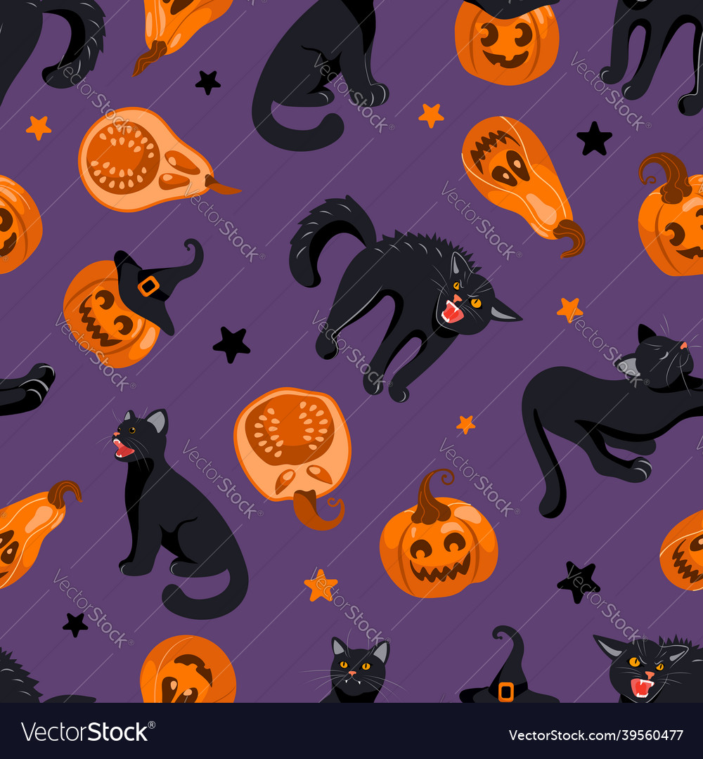 Halloween seamless pattern black cat witch hat Vector Image