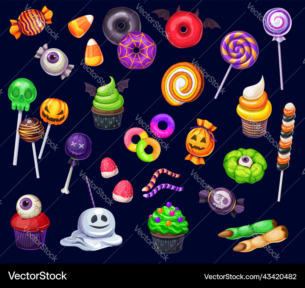 Cartoon halloween sweets cupcakes lollypops Vector Image