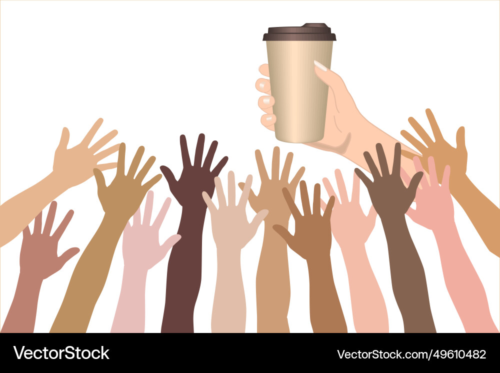 Colored human hands reaching for a cup of coffee Vector Image