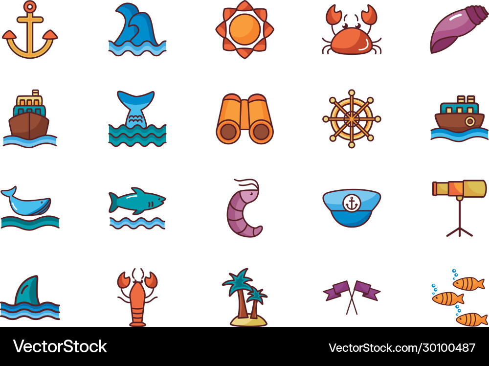 Bundle sea set line color style icons Royalty Free Vector