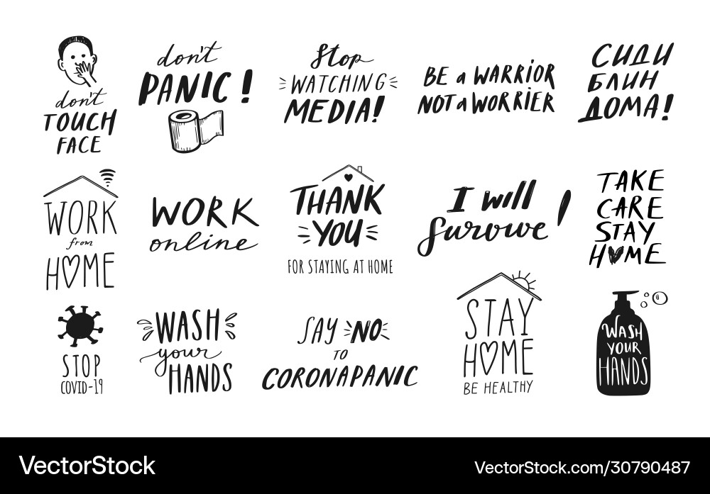 Coronavirus covid19-19 hand drawn quotes set Vector Image