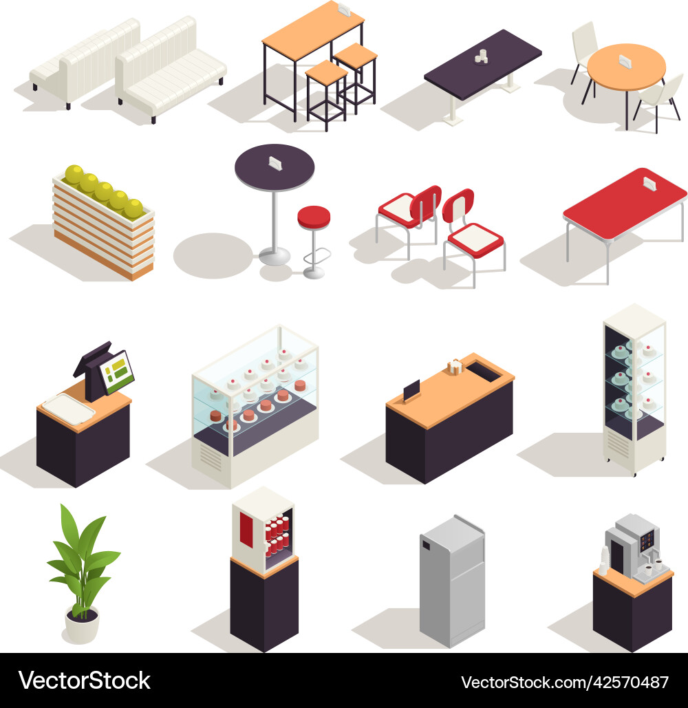 Food court elements isometric icon set Royalty Free Vector