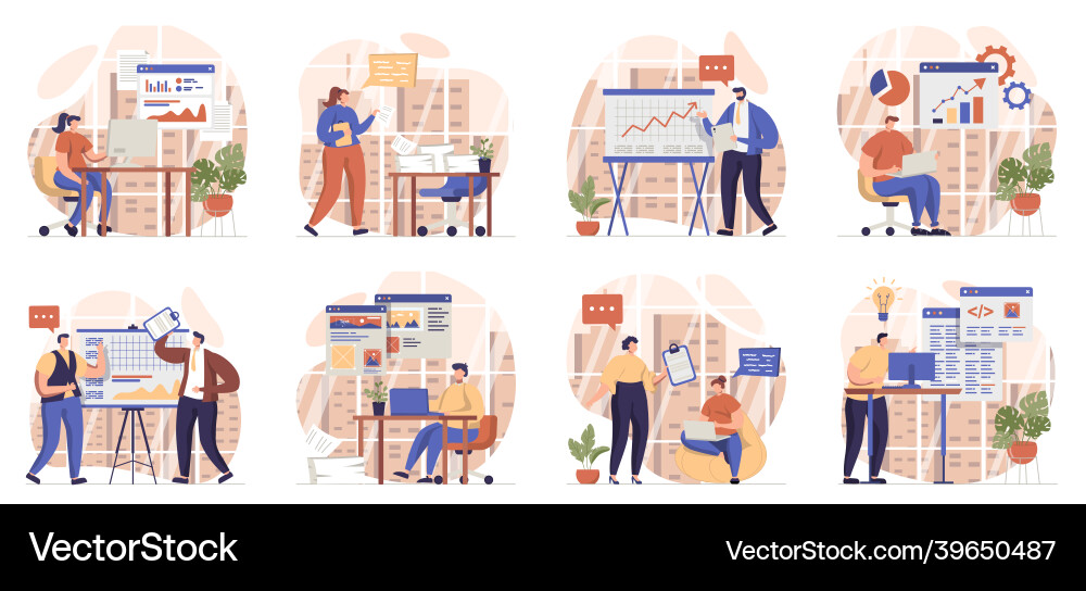 Office work collection of scenes isolated Vector Image