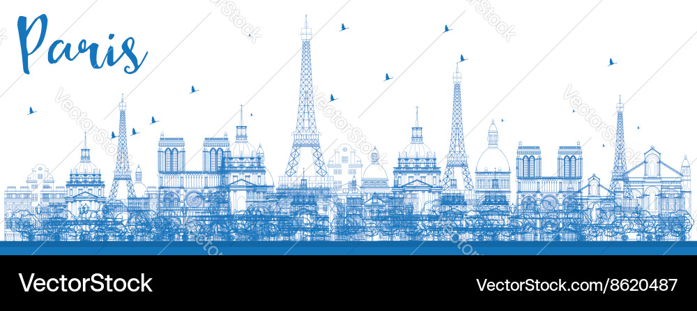 Outline Paris skyline with blue landmarks Vector Image