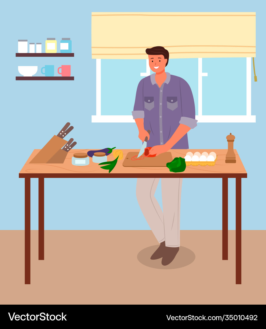 Man in a kitchen room stands near table Royalty Free Vector