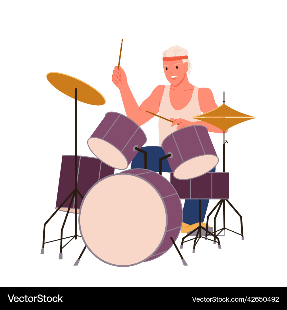 Sitting male drummer playing drums Royalty Free Vector Image