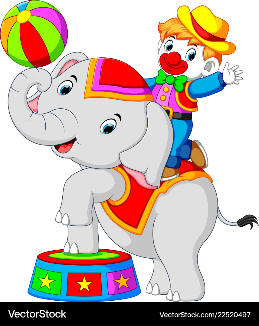 A boy uses a clown costume with an elephant while Vector Image