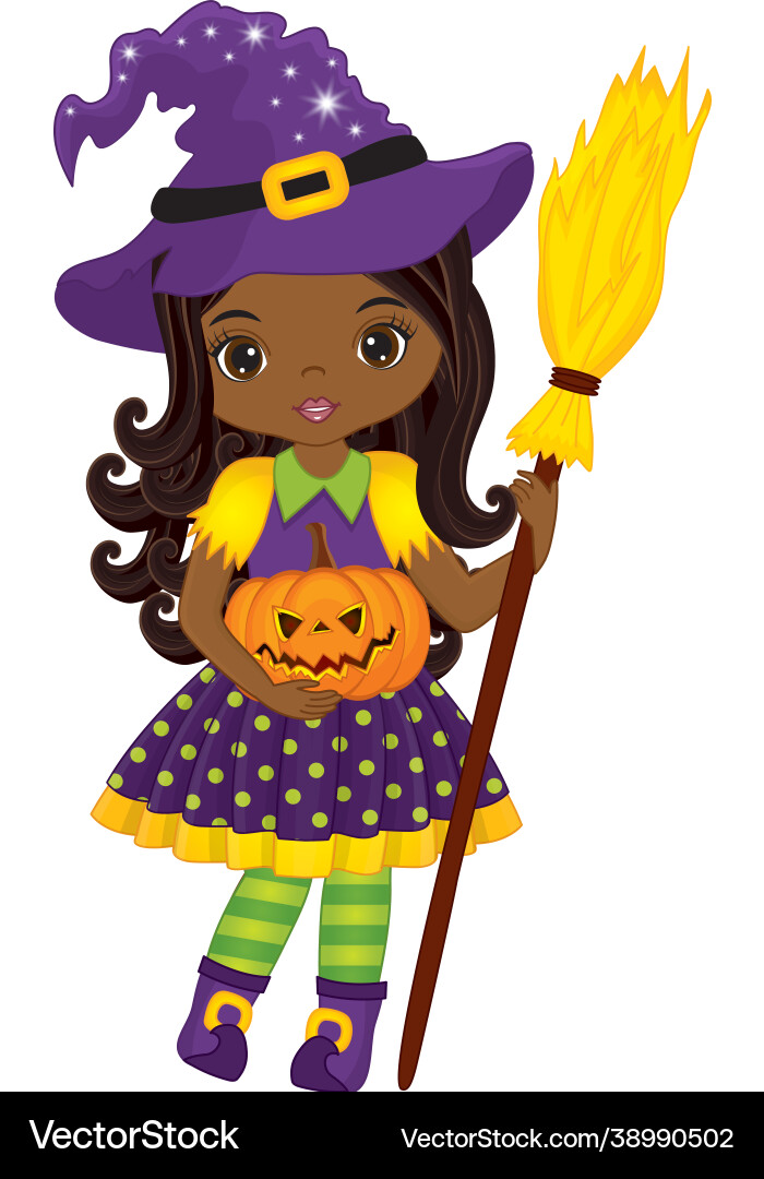 Black witch with broomstick and halloween pumpkin Vector Image
