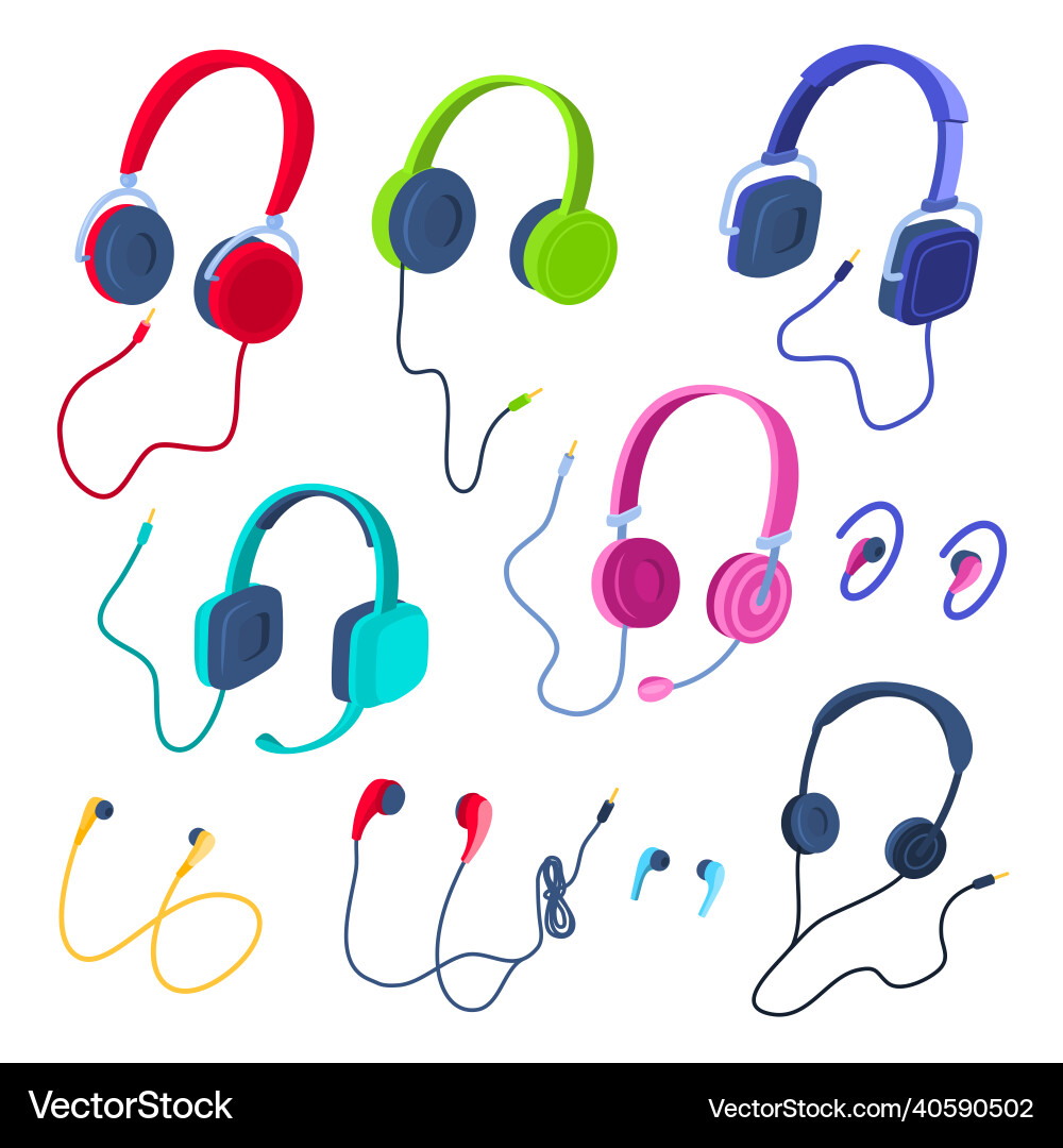 Cartoon color headphone headset icon set Vector Image