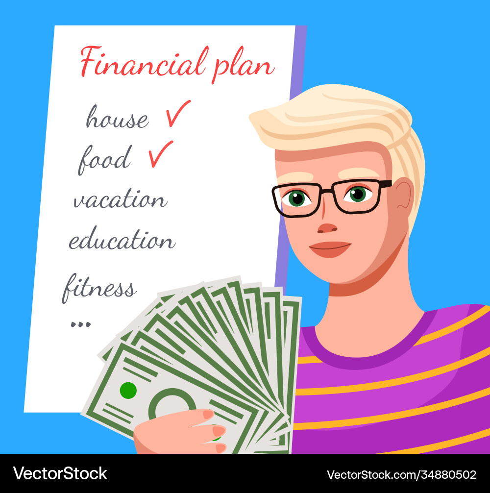 Financial plan a young man holding lot Royalty Free Vector