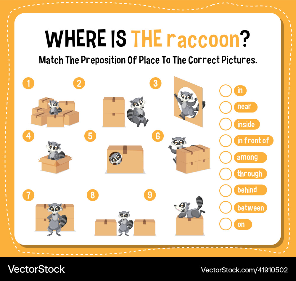 Preposition wordcard with raccoon and boxes Vector Image