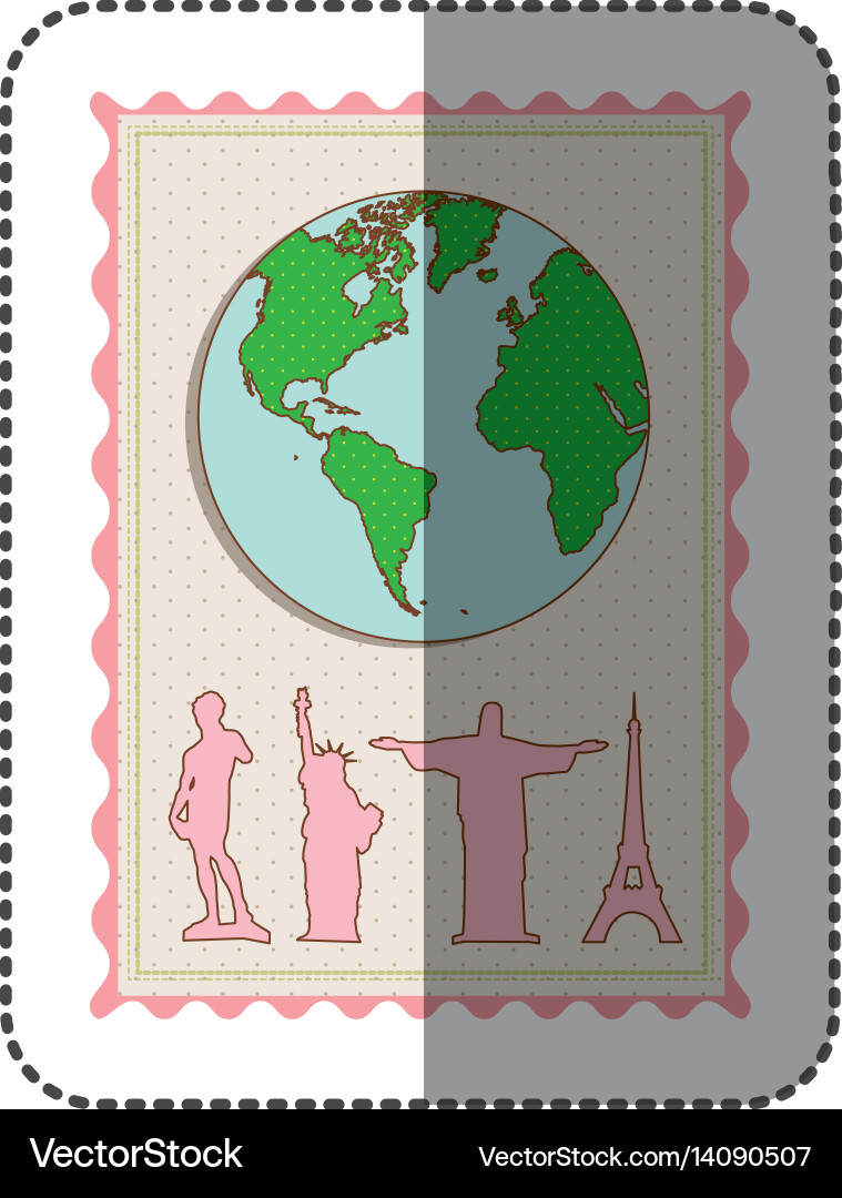 Sticker color pastel frame with world map and set Vector Image