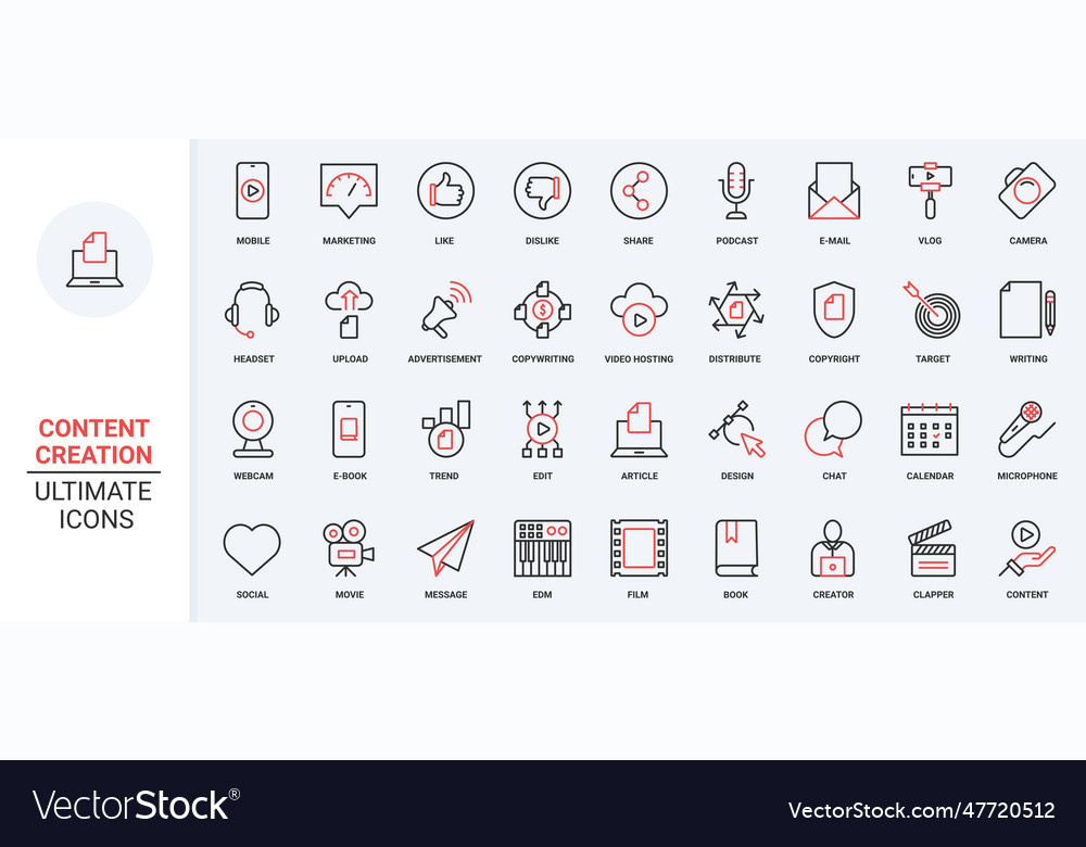 Content creation red black thin line trendy icons Vector Image