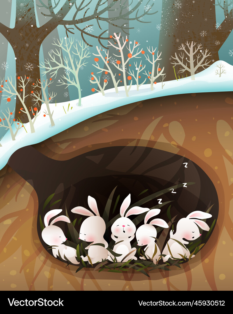Rabbits sleeping in a den or burrow in forest Vector Image
