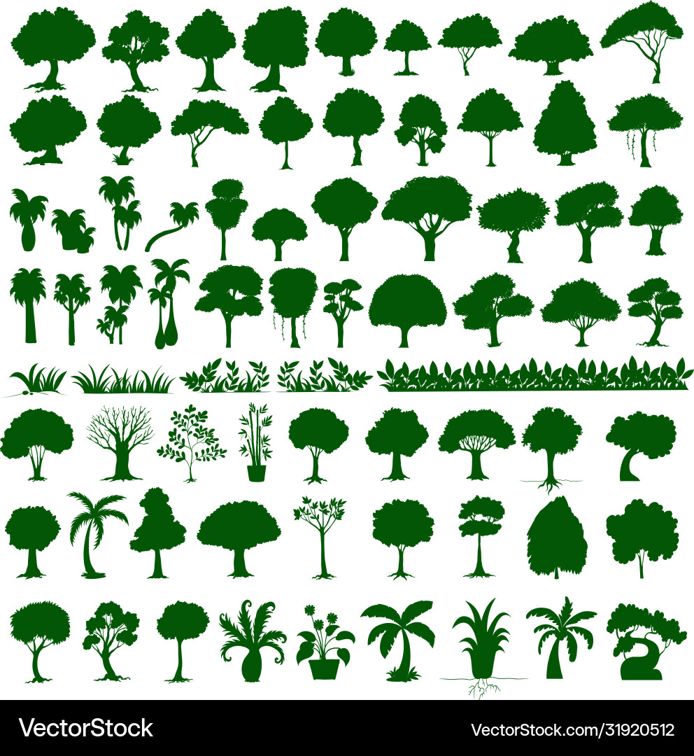 Set tree and plant in green silhouette Royalty Free Vector