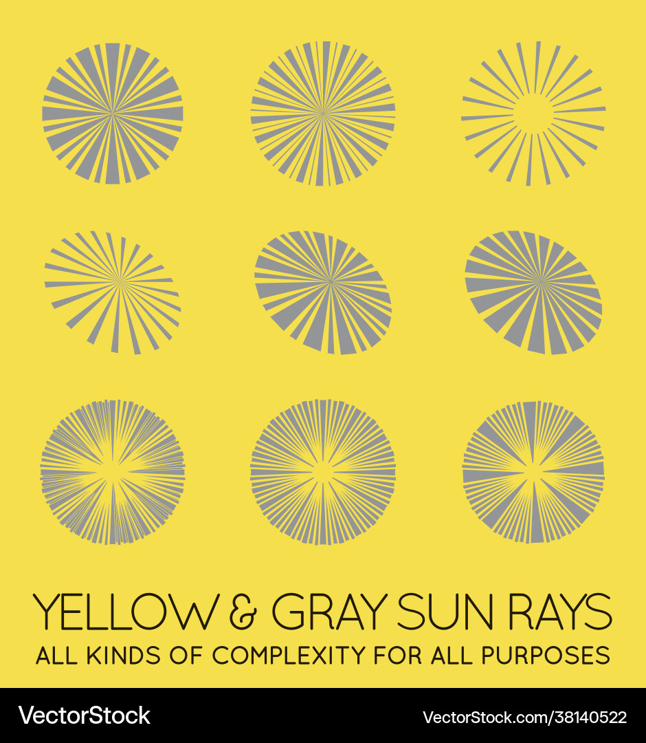 Set sunburst rays sun in trendy yellow Royalty Free Vector