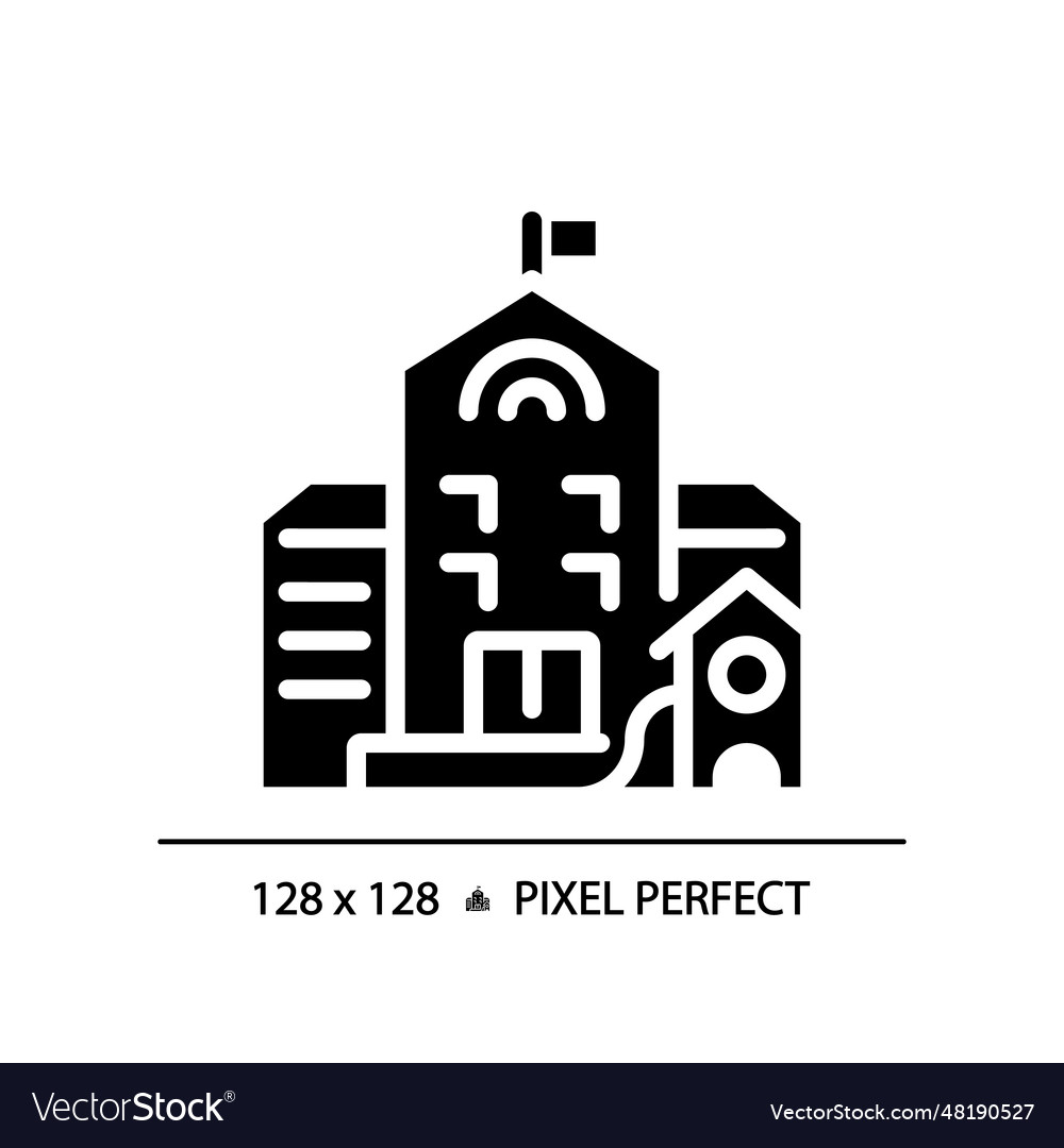 2d glyph style black building with flag icon Vector Image