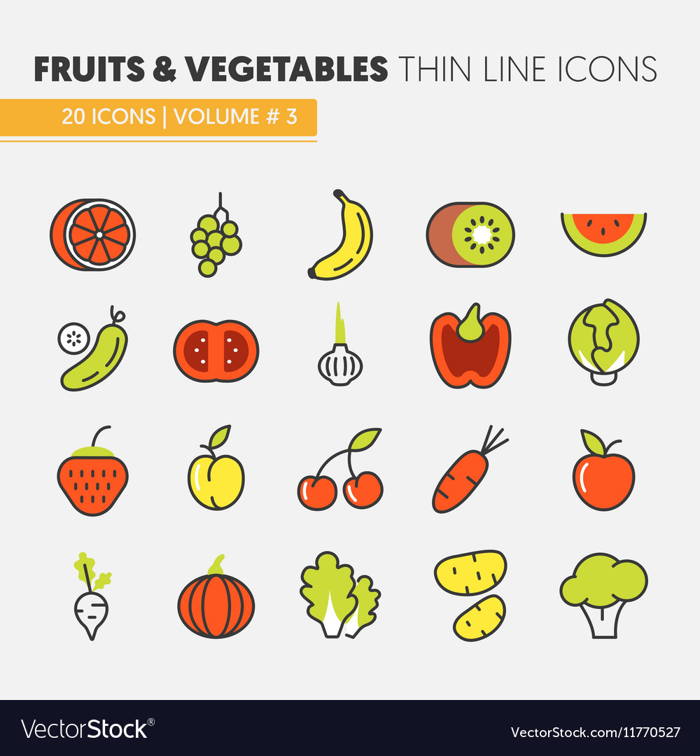 Fruits and Vegetables Thin Line Icons Set Vector Image
