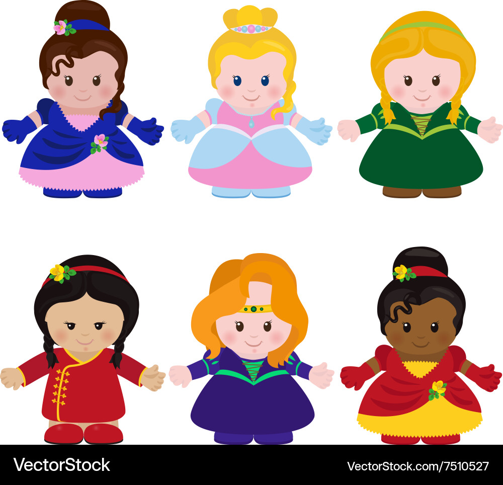 Six funny little princesses Royalty Free Vector Image