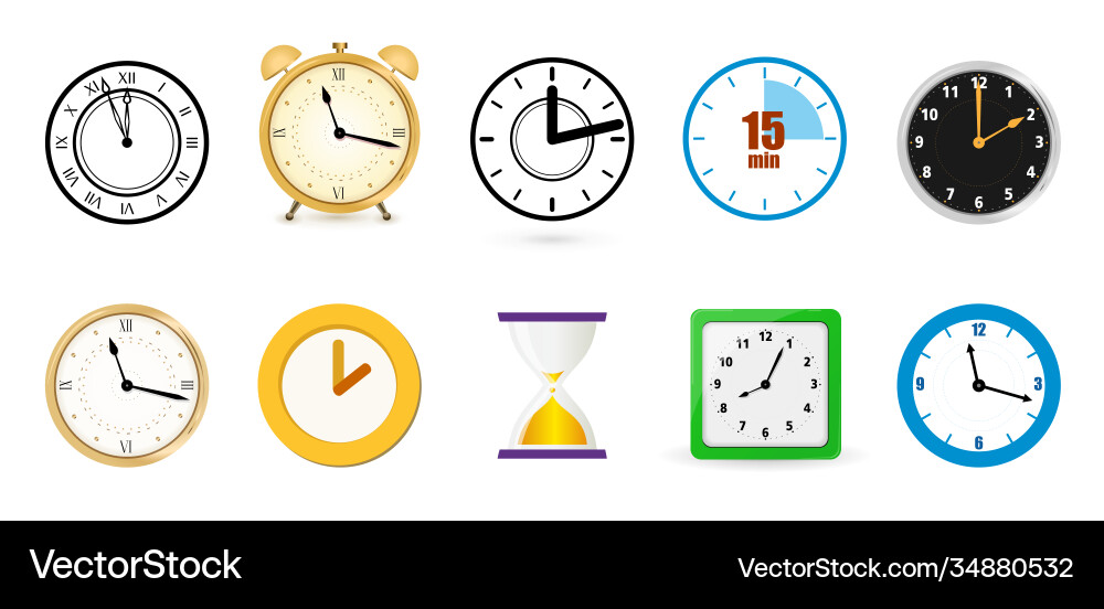 Big set different color clock icons alarm Vector Image