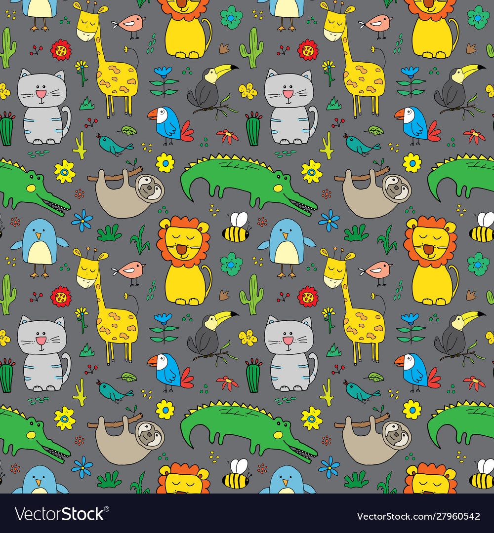 Cute animals seamless pattern cartoon hand drawn Vector Image