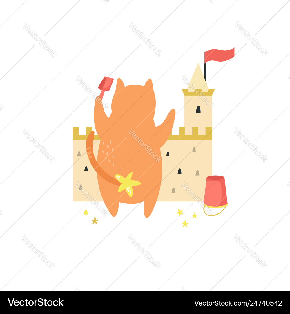 Funny cat building a sand castle on beach Vector Image